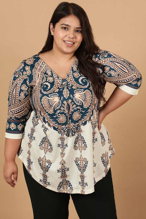 Plus Size Plus Size Cream Luxe Ethnic Print Centre Pleat Top Online in ...