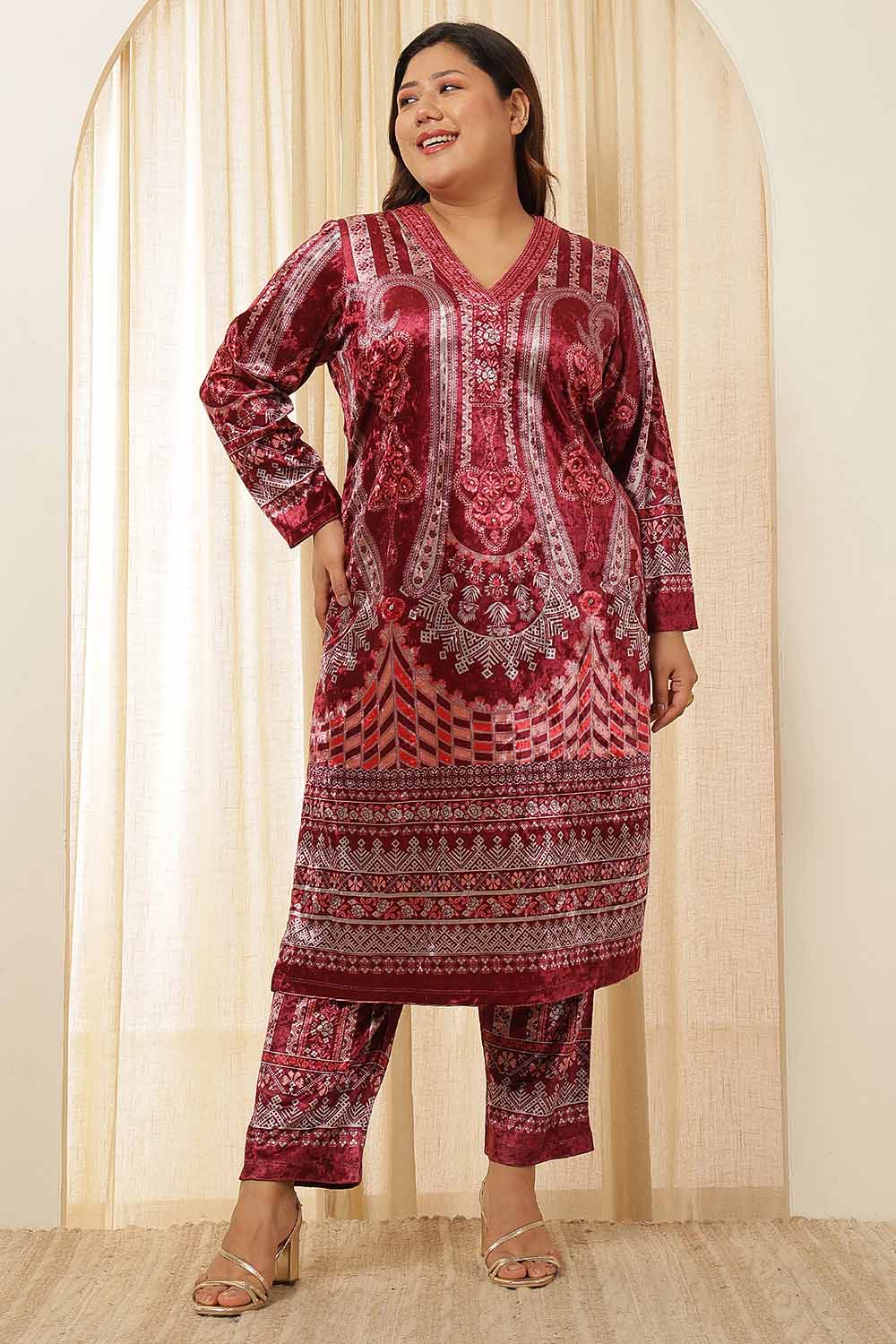Plus Size Maroon Paisley Velvet Coord Set